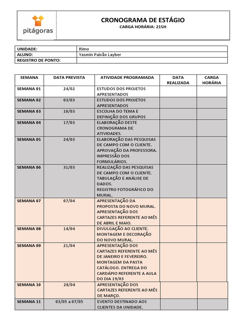 Cronograma de Estagio | PDF