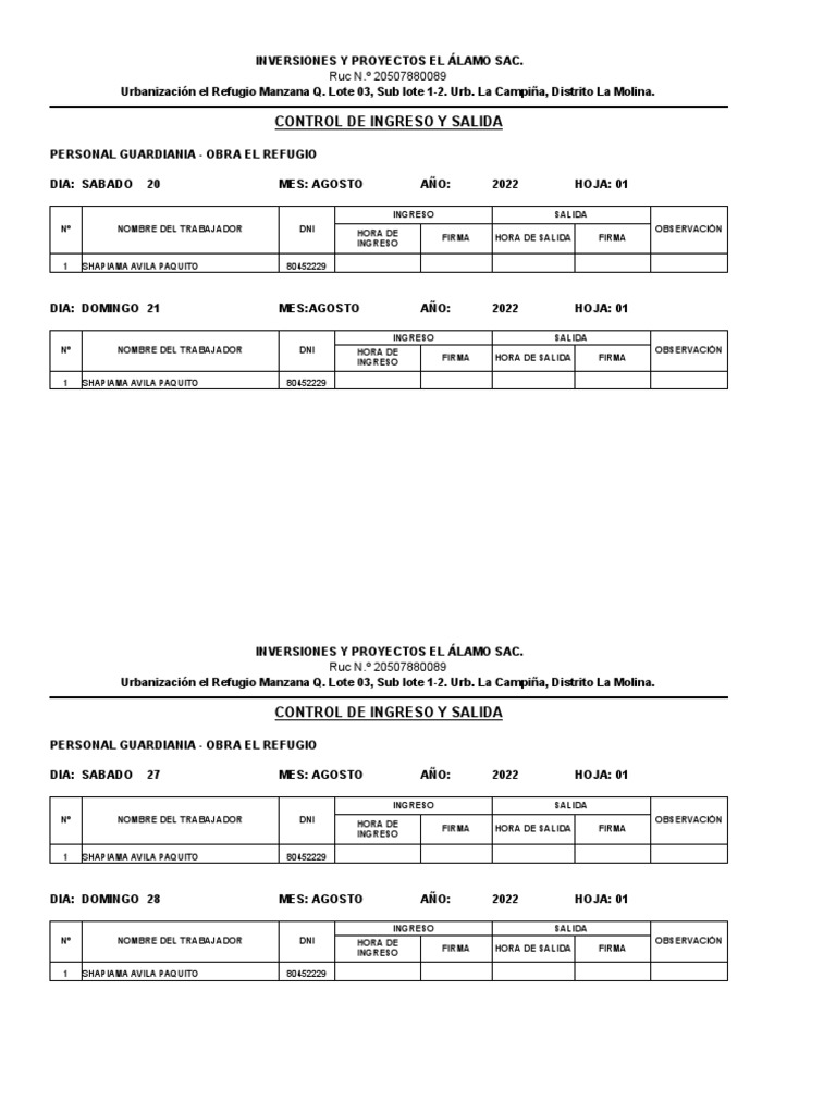 6.control de Asistencia 20-08 Al 11-09 Guardiania | PDF
