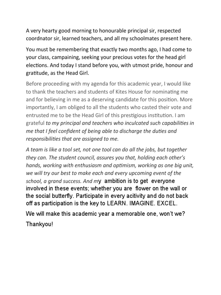 Head Girl's Investiture Ceremony Speech | PDF