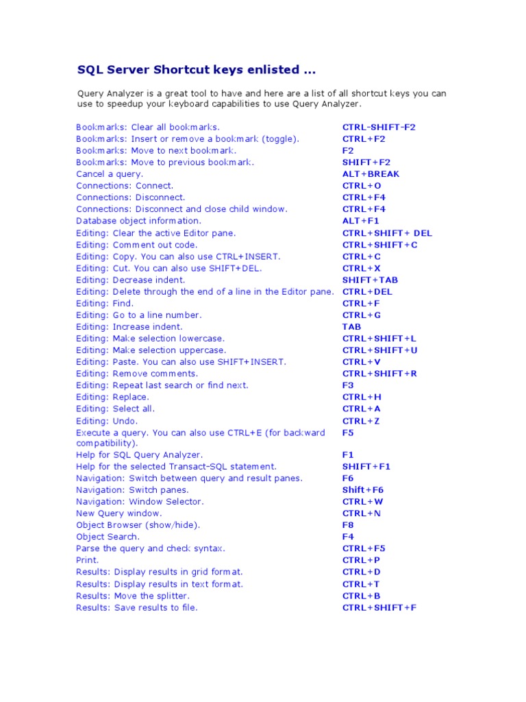 SQL Server Query Analyzer Shortcuts | PDF | Teaching Methods & Materials | Technology & Engineering