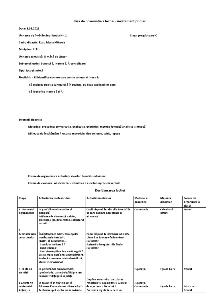 Fisa de Observație A Lectiei Primar - Pancu | PDF