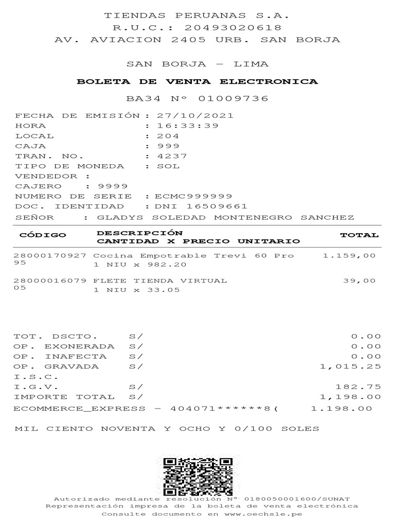 Boleta de Venta Tiendas Peruanas S.A. | PDF