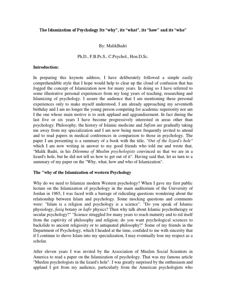 Malik Badri - The Islamization of Psychology | PDF | Psychology | Science