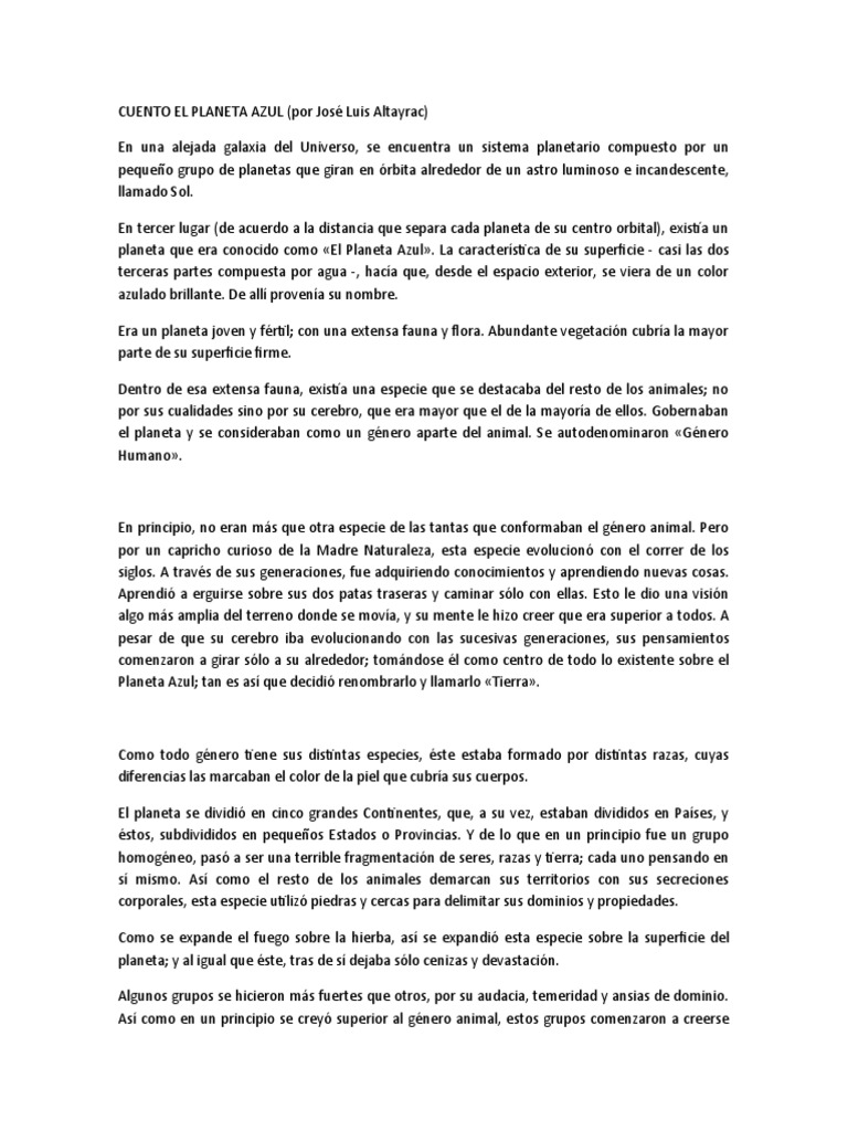 Cuento del Planeta Azul y su Destrucción | PDF