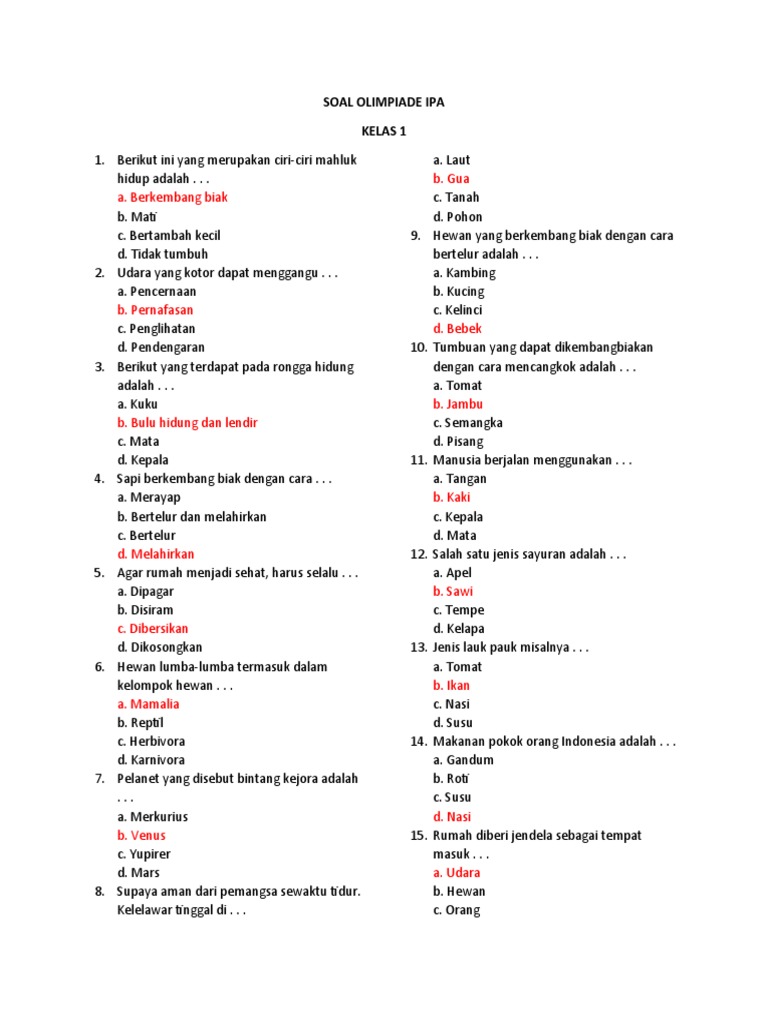 SOAL OLIMPIADE IPA Kelas 1 | PDF