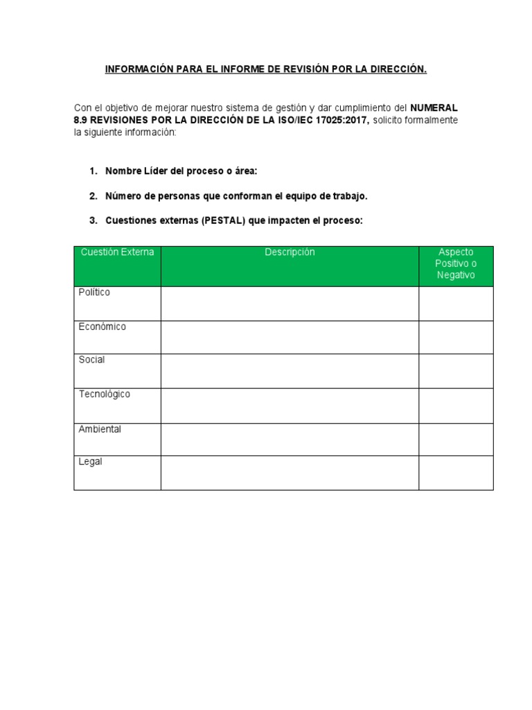 Información para El Informe de Revisión Por La Dirección - Gestión ...