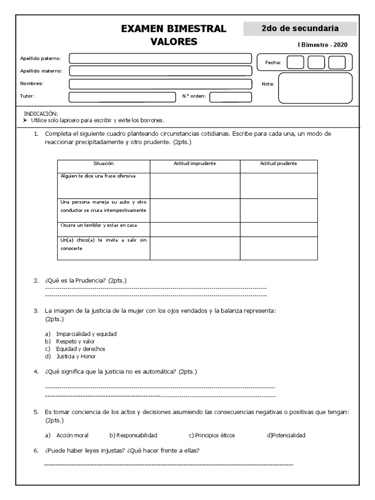 EXAMEN Valores BIMESTRAL 2do Sec | PDF | Discriminación | Justicia