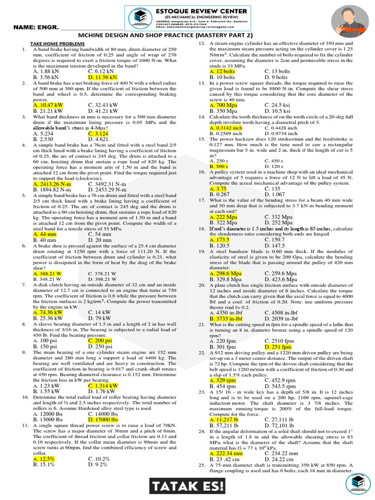 MDSP Mastery Part 2-Answer Key | PDF | Screw | Stiffness