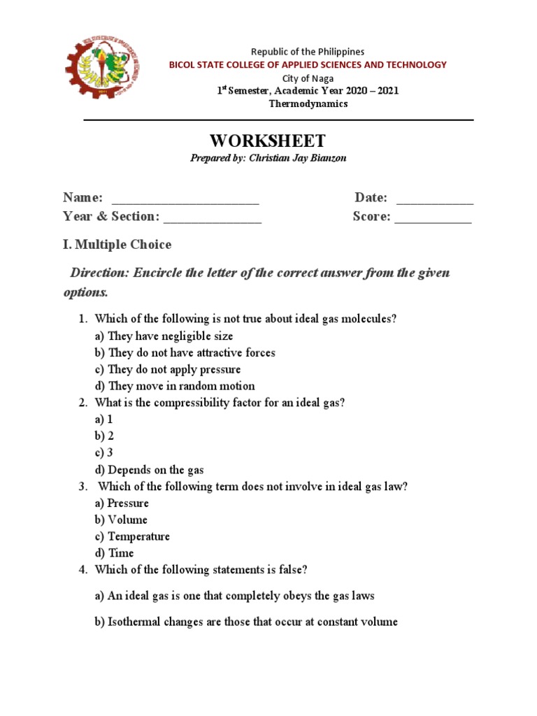 Compile Activity Sheet Ideal Gas Law Pdf Gases Temperature 7467