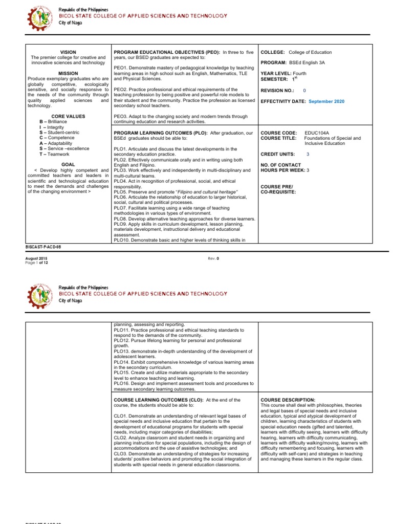 Course Syllabus - Special Inclusive and Education | PDF