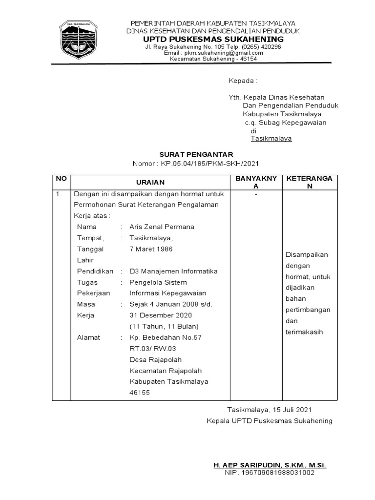 Surat Pengantar Permohonan Keterangan Kerja | PDF