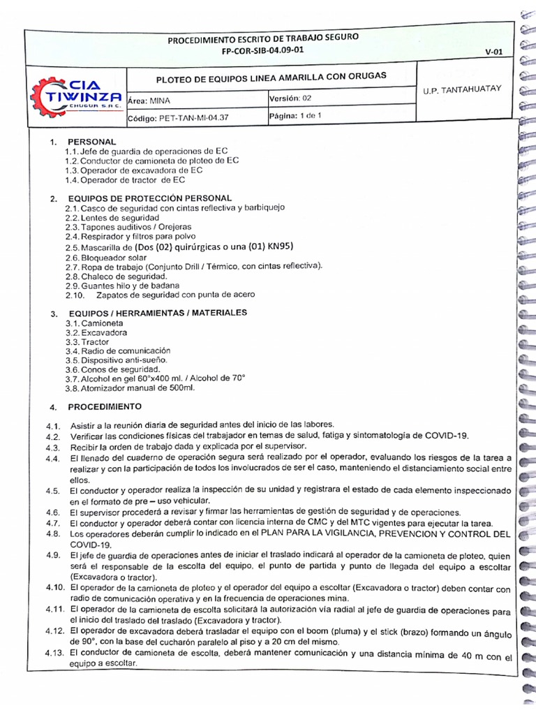 PET - TAN - MI-04.37 Ploteo de Equipos Línea Amarilla Con Orugas | PDF