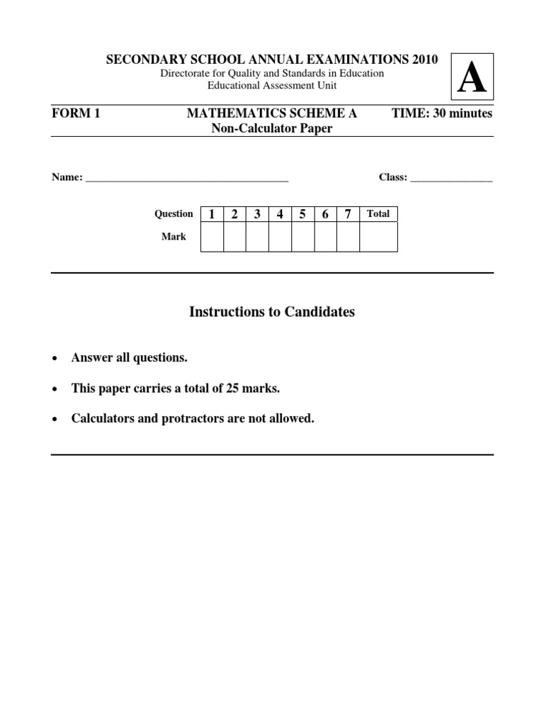 Form 1 Mathematics Exam 2010 | PDF | Teaching Mathematics | Science