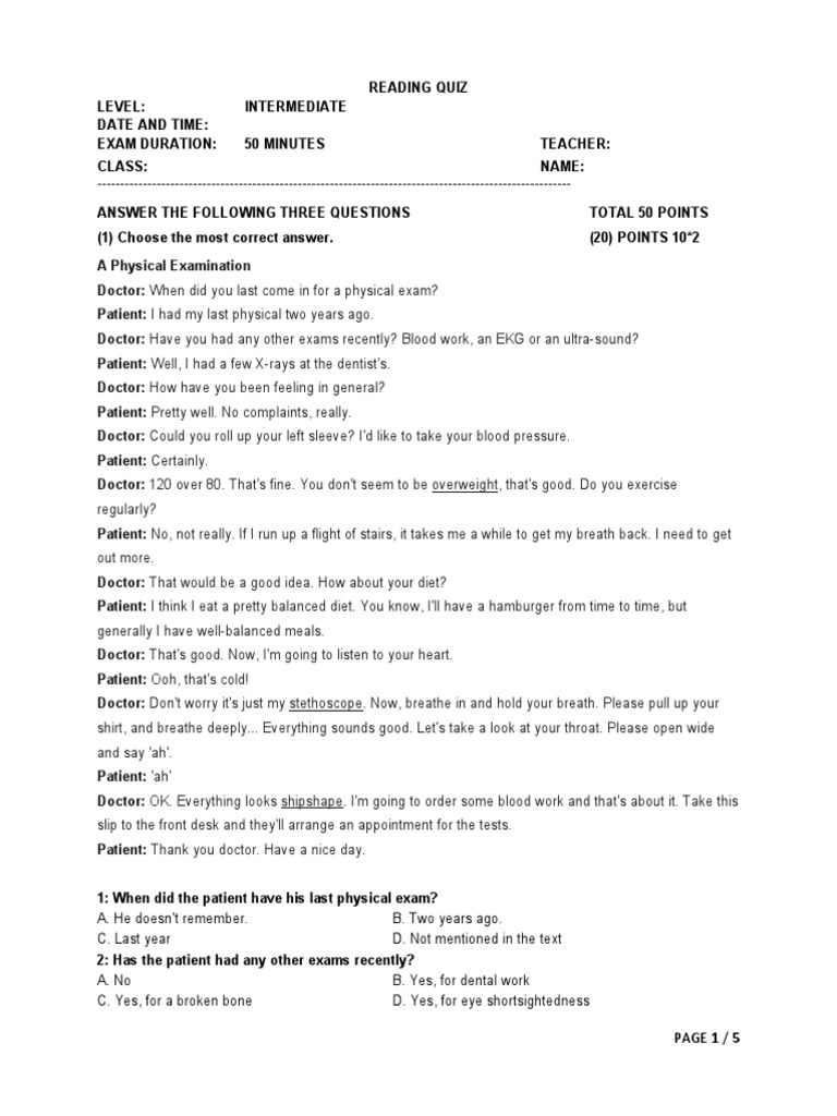 Reading Exam Quiz Worksheet Jobs Medical Vocabular Conversation Topics ...