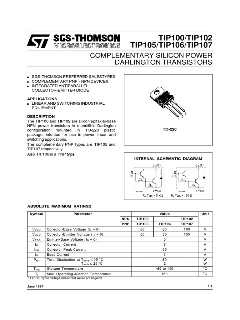 Tip100 Tip102 Tip105 Tip106 Tip107 | PDF | Bipolar Junction Transistor ...