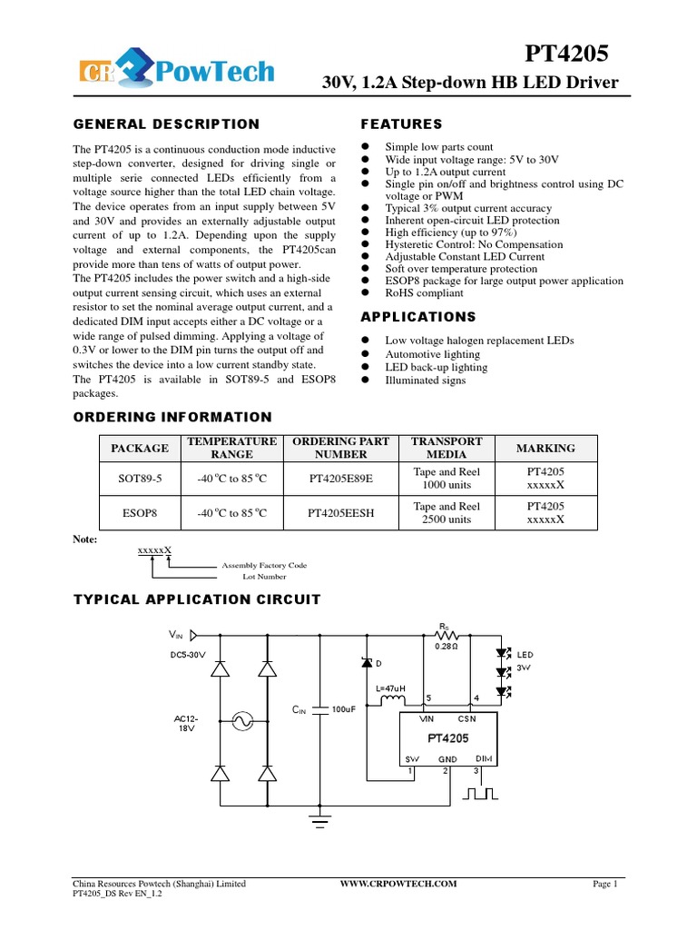 PT4205 30V, 1.2A Step-down HB LED Driver: A Highly Efficient Constant ...