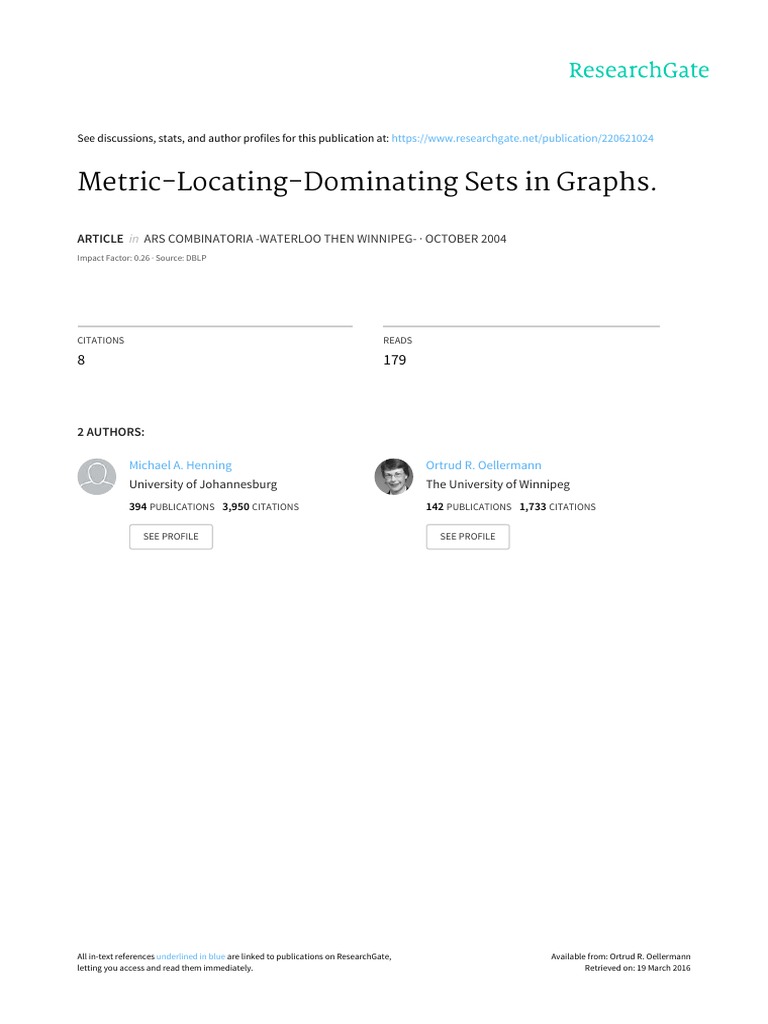 Metric-Locating-Dominating Sets in Graphs | PDF | Vertex (Graph Theory) | Mathematical Concepts