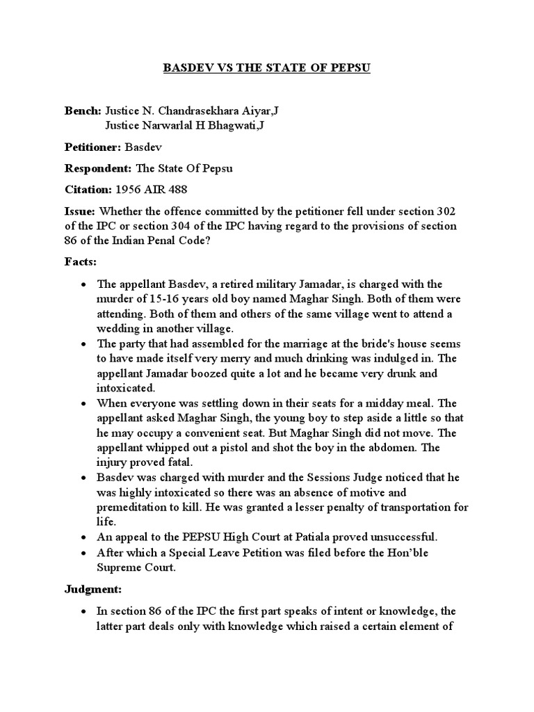 Basdev VS The State of Pepsu | PDF | Murder | Insanity Defense