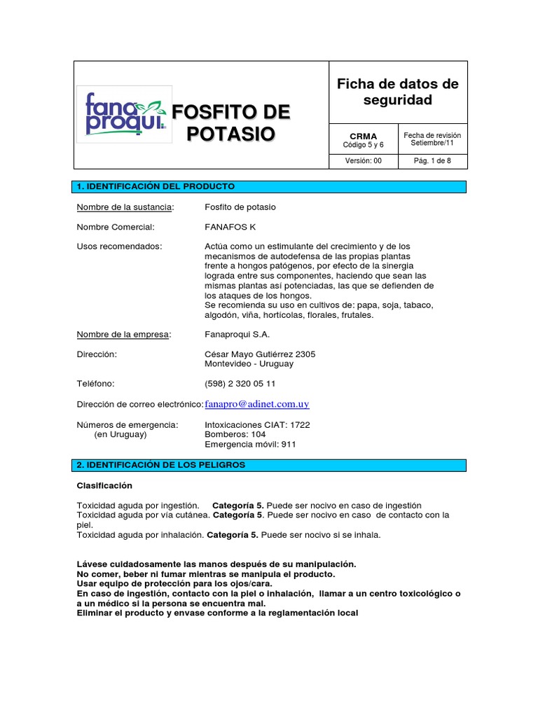 Ficha de Seguridad Fanafos K | PDF | Agua | Toxicidad