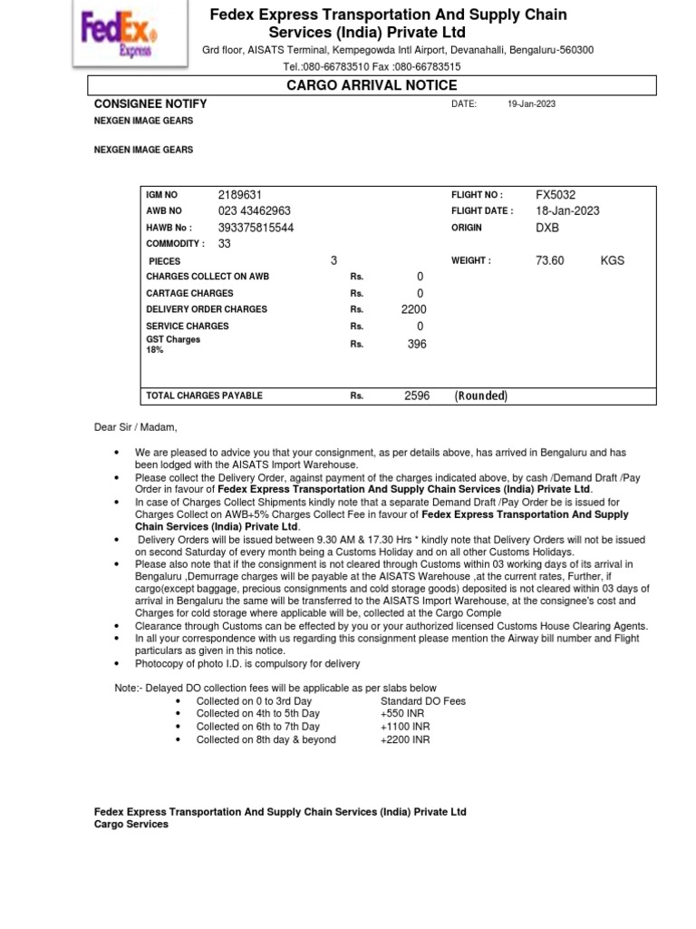 Cargo Arrival Notice: Consignee Notify | PDF | Cargo | Transport