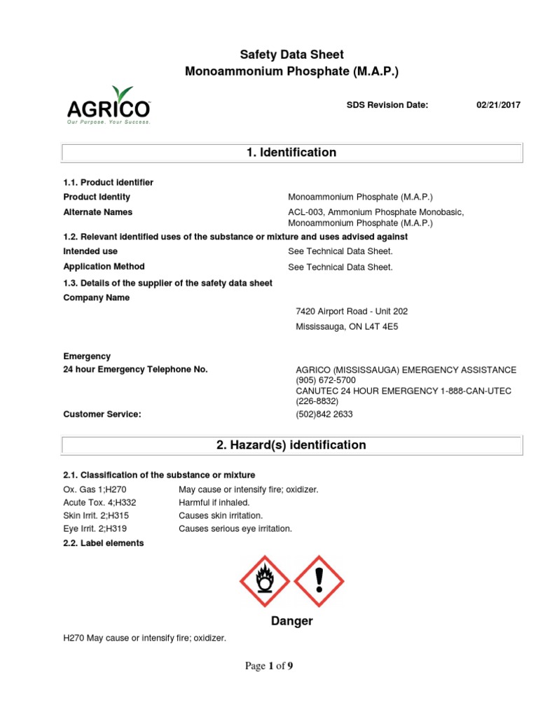 Agric 103 SDS Monoammonium Phosphate M.a.P. | PDF | Toxicity | Personal ...