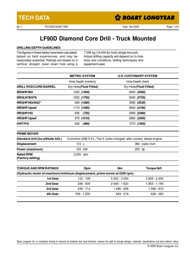 LF90D Diamond Core Drill - Truck Mounted: Tech Data | PDF | Pump | Machines