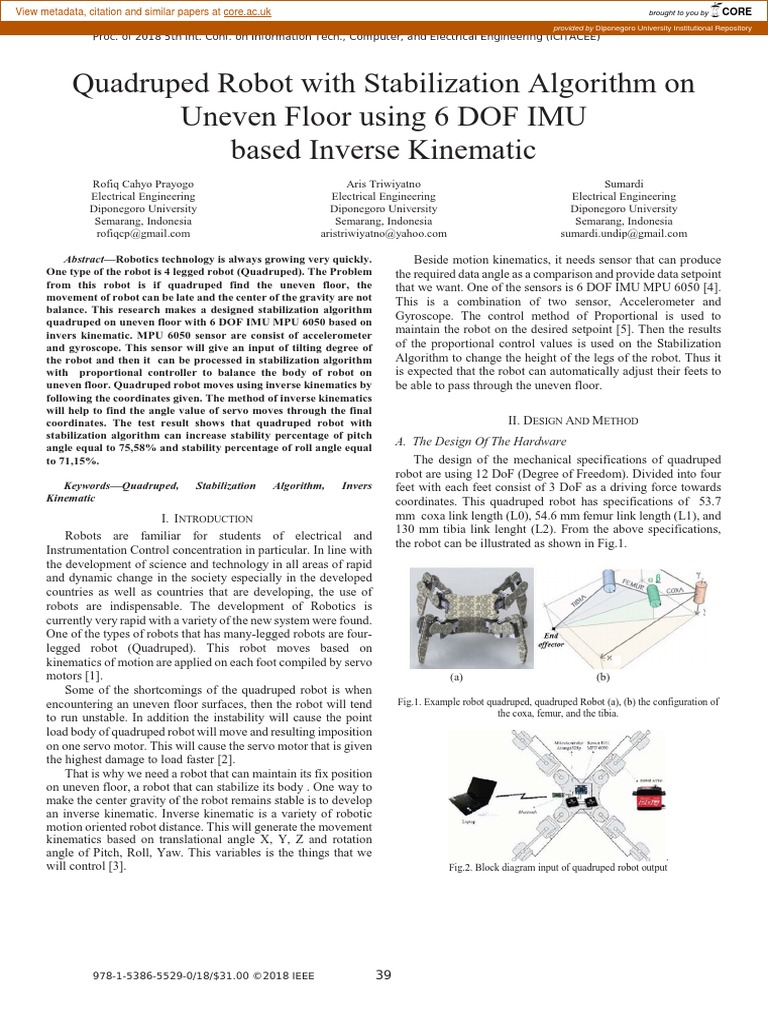Design of a Quadruped Robot with a Stabilization Algorithm on Uneven Floor using 6 DOF IMU based ...