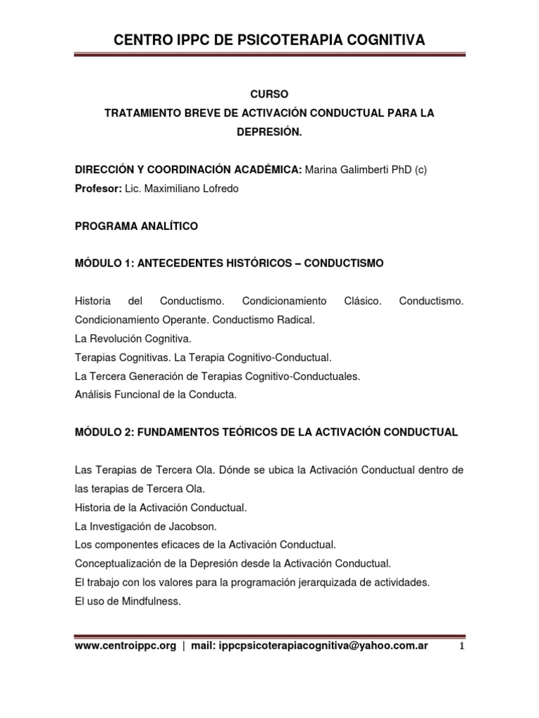 Programa Curso de Tratamiento de Activación Conductual para La ... Programa Curso de Tratamiento de Activación Conductual para La ...
