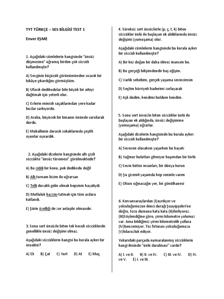 Tyt Turkce Enver Sesme Ses Bilgisi Testi Ve Cevap Anahtari | PDF