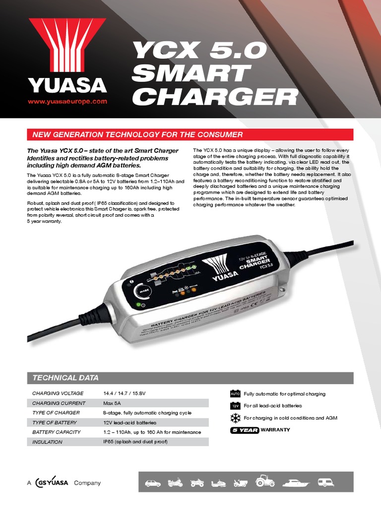 Yuasa Smart Charger Datasheet YCX 5.0 | PDF | Battery Charger | Electromagnetism