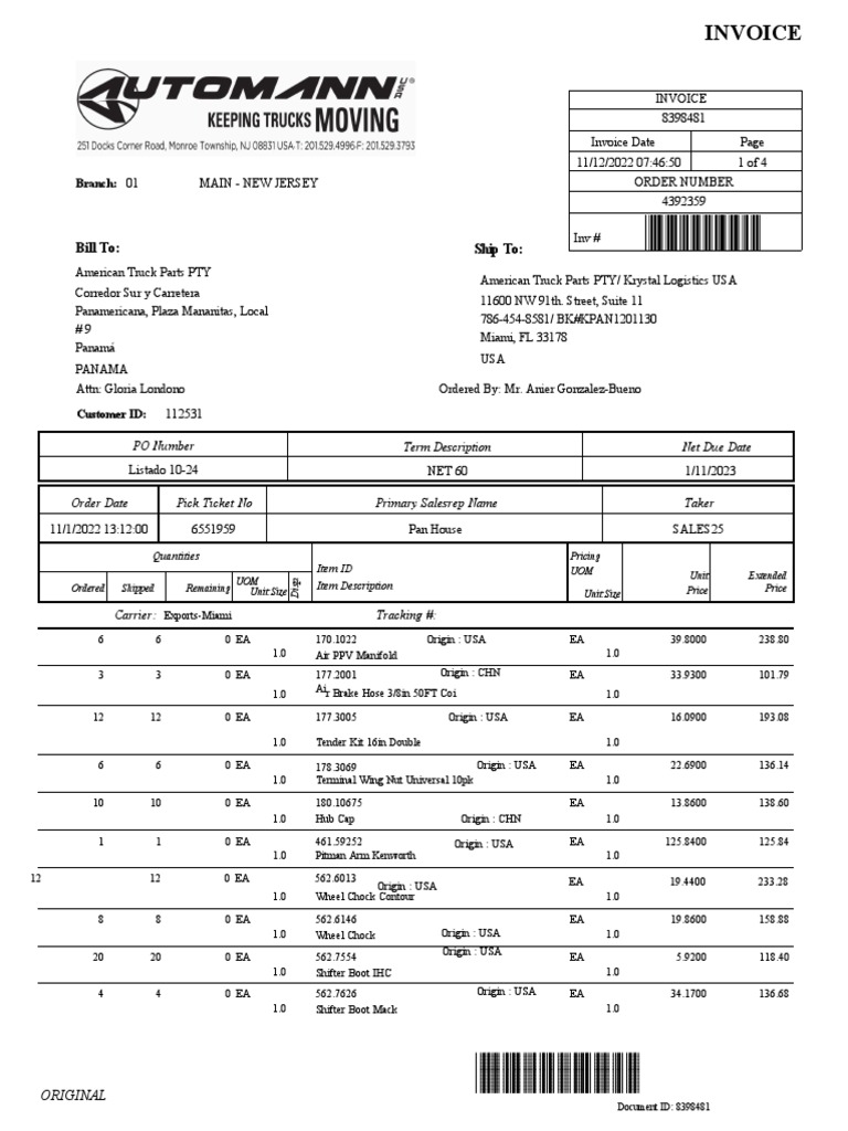 INVOICE-8398481-American Truck Parts PTY | PDF | Vehicles | Land Vehicles