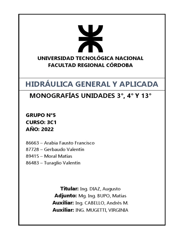 Hidráulica UTNFRC - Monografía - Unidad 3 L 4 L 13 | PDF | Vector Euclidiano | Integral