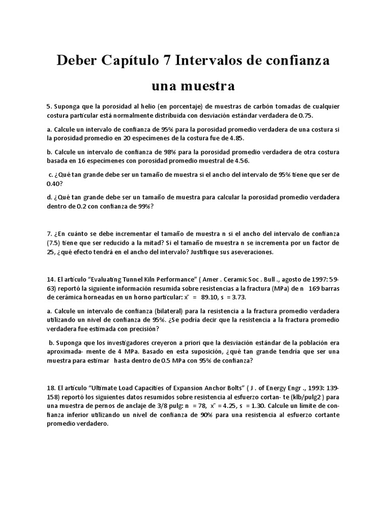 Deber 6 Intervalos de Confianza, Una Muestra | PDF | Intervalo de confianza | Triatlón