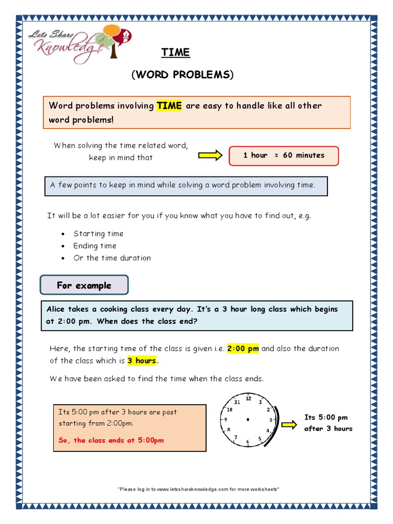Grade 3 Maths Worksheets Time Word Problems Topic Explanation | PDF