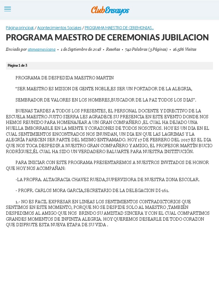 PROGRAMA MAESTRO DE CEREMONIAS JUBILACION - Reseñas - Ateneamexicana | PDF