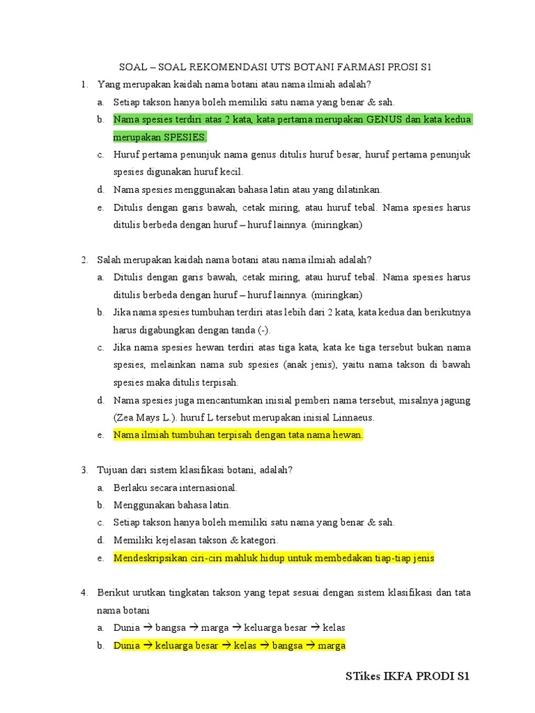Soal Uts Botani Farmasi Prodi s1 | PDF