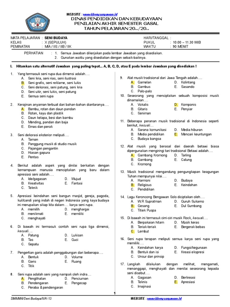 Soal PAS Seni Budaya Kelas X K13 - WWW - Kherysuryawan.id | PDF