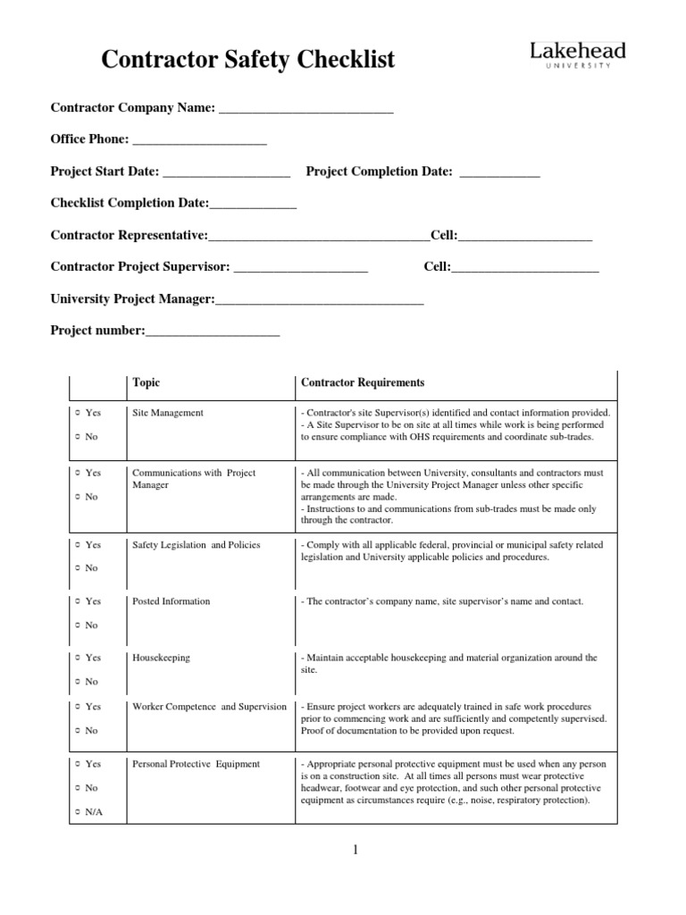 Contractor Safety Checklist | PDF | Personal Protective Equipment ...