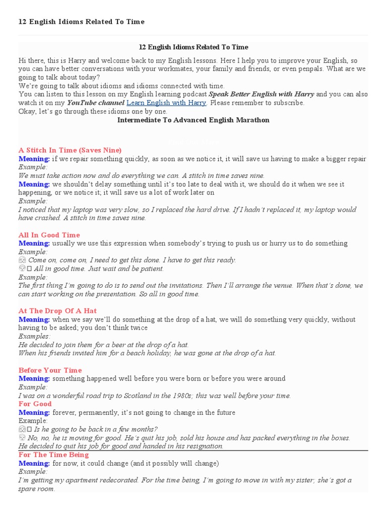 12 English Idioms About Time | PDF