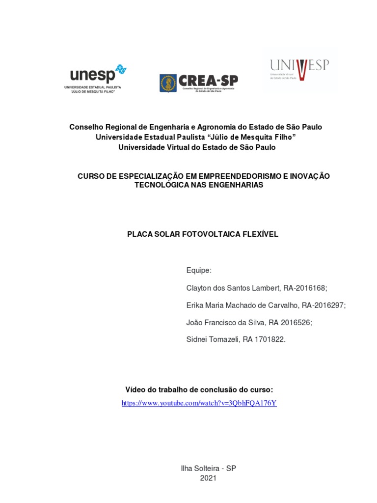 TCC 32 - 23.04 Crea-Unesp-Univesp Grupo 25. | PDF | Energia renovável | Fotovoltaica