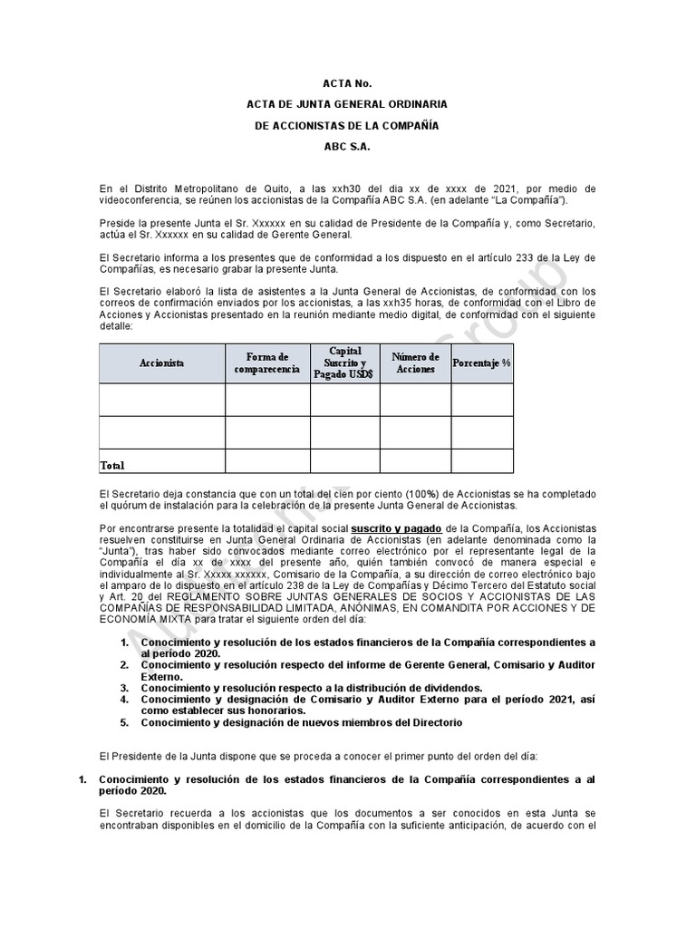 Modelo de Acta de Junta 2020 | PDF | Gobierno