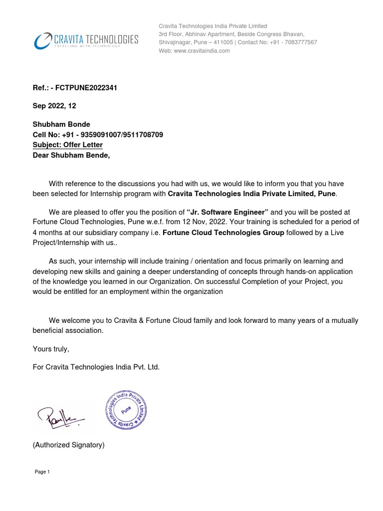 Shubham Bende Offer Letter | PDF