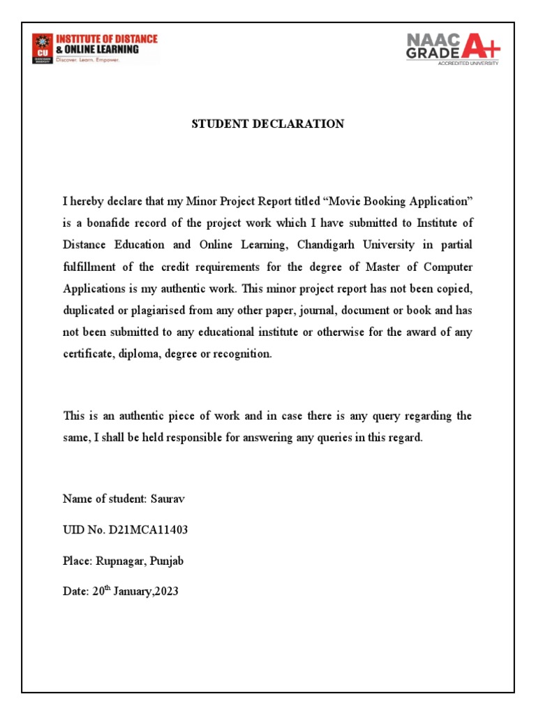 Student Declaration MINOR PROJECT | PDF