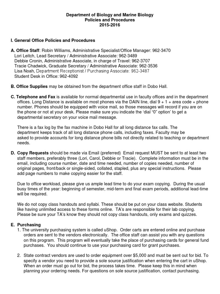 Department of Biology and Marine Biology Policies and Procedures 2015 ...