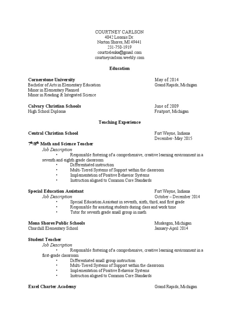 Resume Courtney Carlson 2 | PDF | Teachers | Schools