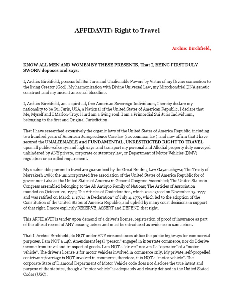 Affidavit Right To Travel | PDF | Oath Of Office | Law Of The United States