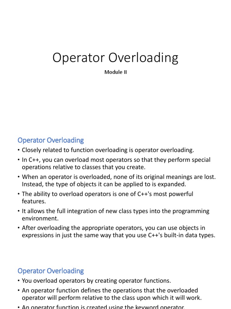 Operator Overloading | Download Free PDF | Subroutine | C++ Operator Overloading | Download Free PDF | Subroutine | C++