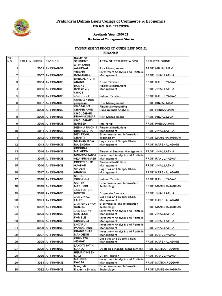 Tybms Sem Vi Project Guide List Finance 2020 21.Xlsx Finance 1 | PDF | Business Process ...