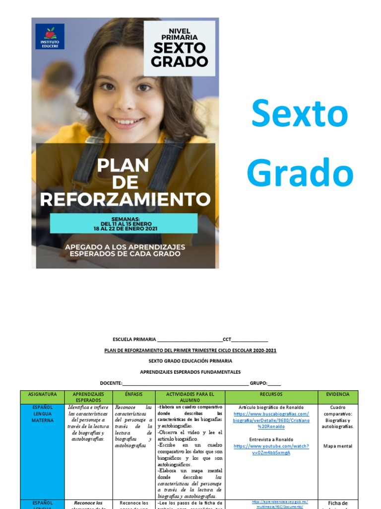 Sexto Grado Formato Plan De Reforzamiento Pdf Educación Primaria