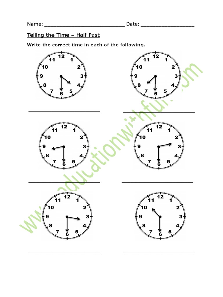 Time Half Past Worksheet 1 | PDF